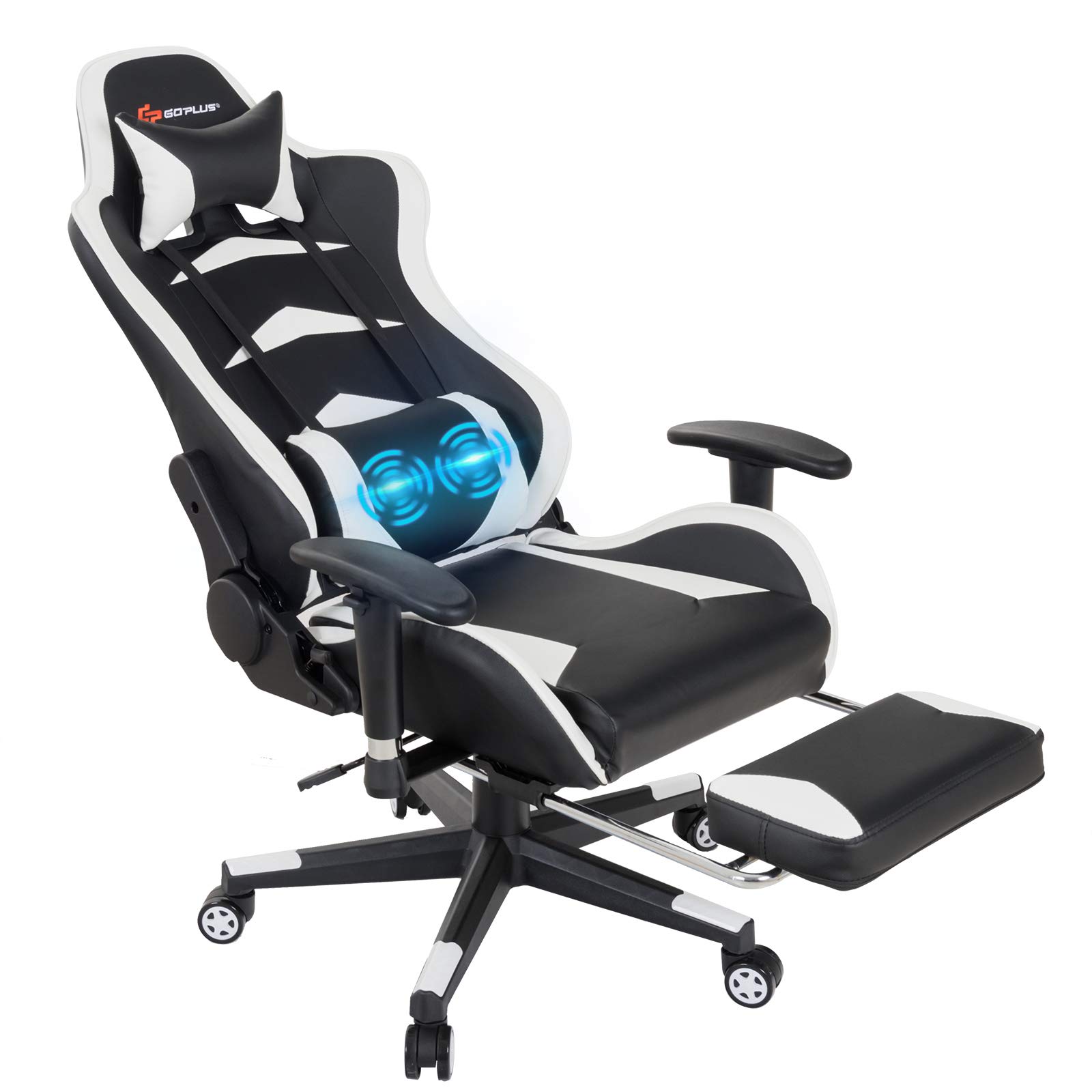 POWERSTONE Gaming Chair with Footrest Massage Video Game Chair High Back Computer Office Desk Chair Leather Recliner Rolling Swivel Chair White