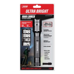 feit electric led tactical flashlight - aluminum alloy - zoomable strike bezel; illuminate up to 1,000 feet - adjustable brightness from 260-1000 lumen | requires 3-c batteries