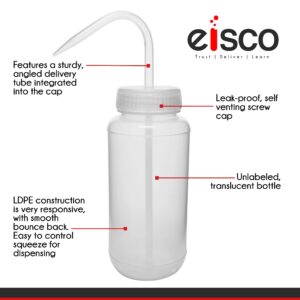 EISCO 500mL Wash Bottle - Wide Mouth - Vented Cap - LDPE - Translucent - Unlabeled - Squeeze Rinse Bottle