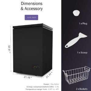 COOLHOME 3.5 Cubic Feet Chest Freezer with Removable Basket, from 6.8℉ to -4℉ Free Standing Compact Fridge Freezer for Home/Kitchen/Office/Bar (Black, 3.5 Cu.ft.-normal)