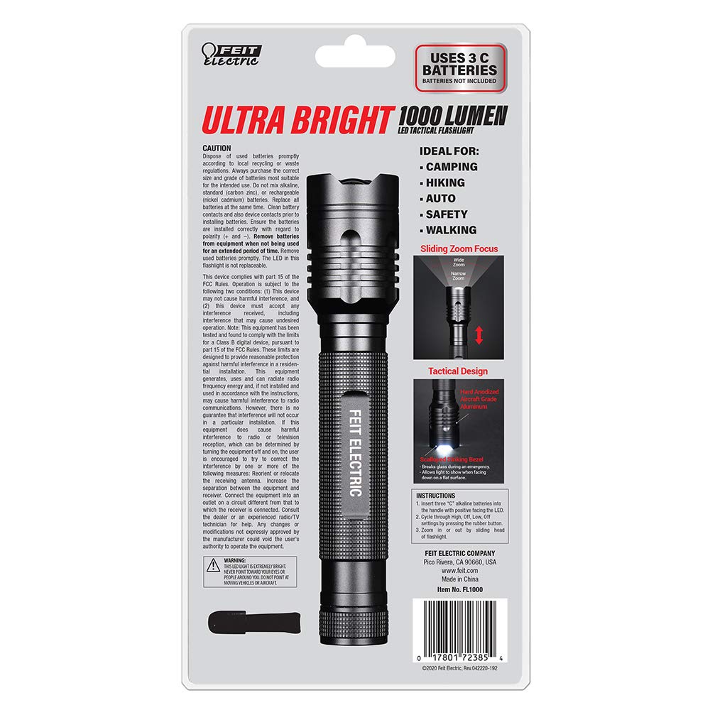 Feit Electric LED Tactical Flashlight - Aluminum Alloy - Zoomable Strike Bezel; Illuminate up to 1,000 feet - Adjustable Brightness from 260-1000 Lumen | Requires 3-C Batteries