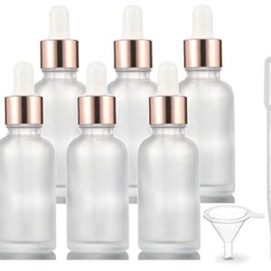 6 Pack,Frosted Glass Essential Oil Dropper Bottle,Empty Glass Liquid Container Holder With Glass Eye Dropper,Rose-Golden Caps Travel Perfume Cosmetic Container-Pipette&Funnel included (30ml/1 Ounce)