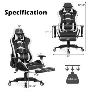 POWERSTONE Gaming Chair with Footrest Massage Video Game Chair High Back Computer Office Desk Chair Leather Recliner Rolling Swivel Chair White