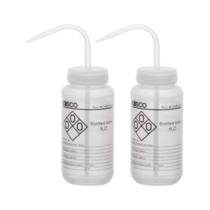 eisco 2pk wash bottles for distilled water, 500ml - labeled with chemical information & safety information (1 color) - wide mouth, self venting, low density polyethylene - performance plastics labs