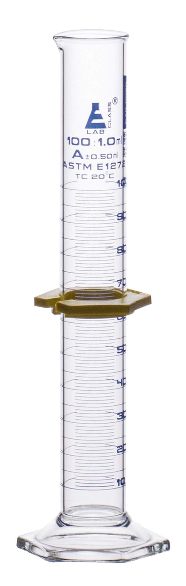 Graduated Cylinder, 100mL - ASTM, Class A - Tolerance ±0.50mL - Protective Collar, Hexagonal Base - Blue Graduations - with Individual Work Certificate - Borosilicate 3.3 Glass - Eisco Labs