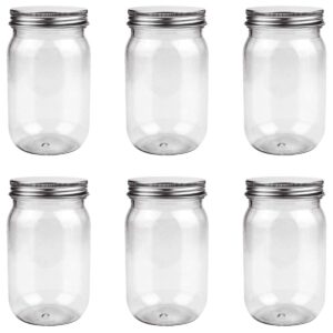 fireboomoon 6 pack 16 ounce clear plastic mason jars containers with screw sealing metal tinplate lids,refillable empty pet plastic slime candy storage jars containers for home kitchen art craft