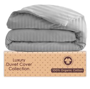 tissaj luxury collection – queen size duvet cover – 100% gots certified organic cotton – sateen weave – damask stripes cloud grey color