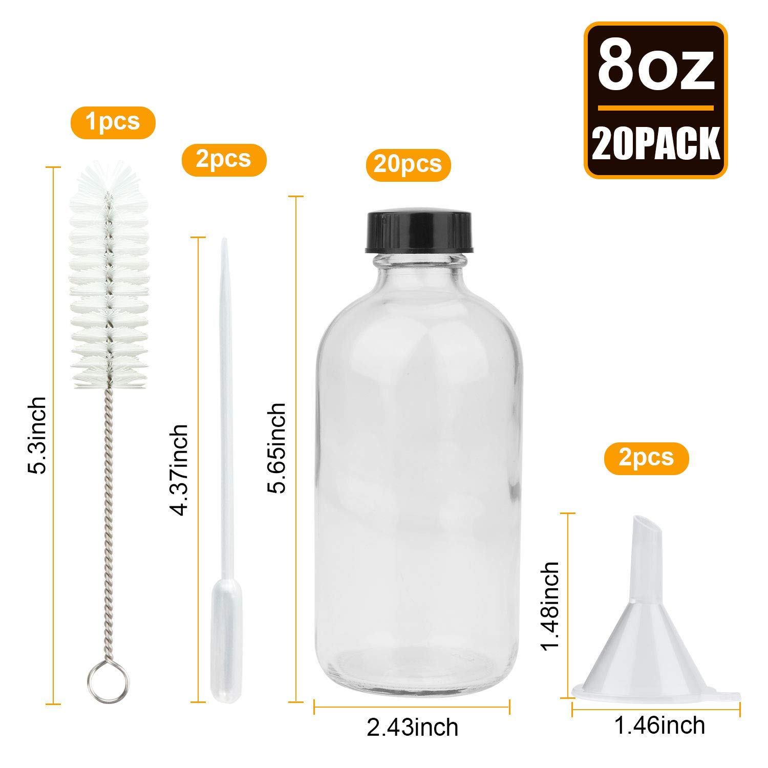 Maredash 8oz Clear Glass Bottles, 20 Pack Glass Storage Bottles with Black Lids (20 Labels, with Funnels, Droppers and Brush)