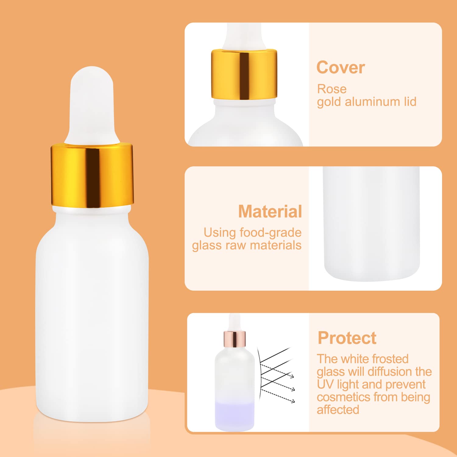 6 Pack,Frosted Glass Dropper Bottle for Essential Oils,Empty Glass Liquid Holder With Glass Eye Dropper,Golden Caps Travel Perfume Cosmetic Container-Pipette&Funnel included (15ml/0.5 fl oz)