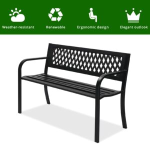 VINGLI Outdoor Bench Porch Bench Patio Metal Garden Bench w/PVC Back, Steel Black Outdoor Bench Park Bench for Yard Lawn Decor Deck Entryway