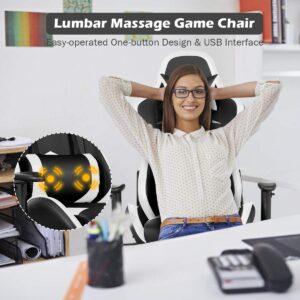 POWERSTONE Gaming Chair with Footrest Massage Video Game Chair High Back Computer Office Desk Chair Leather Recliner Rolling Swivel Chair White