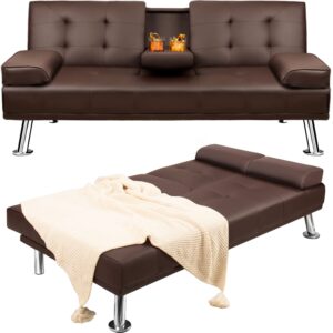 yeshomy futon sofa bed, modern faux leather convertible folding lounge couch for living room with 2 cup holders removable soft armrest and sturdy metal legs, brown