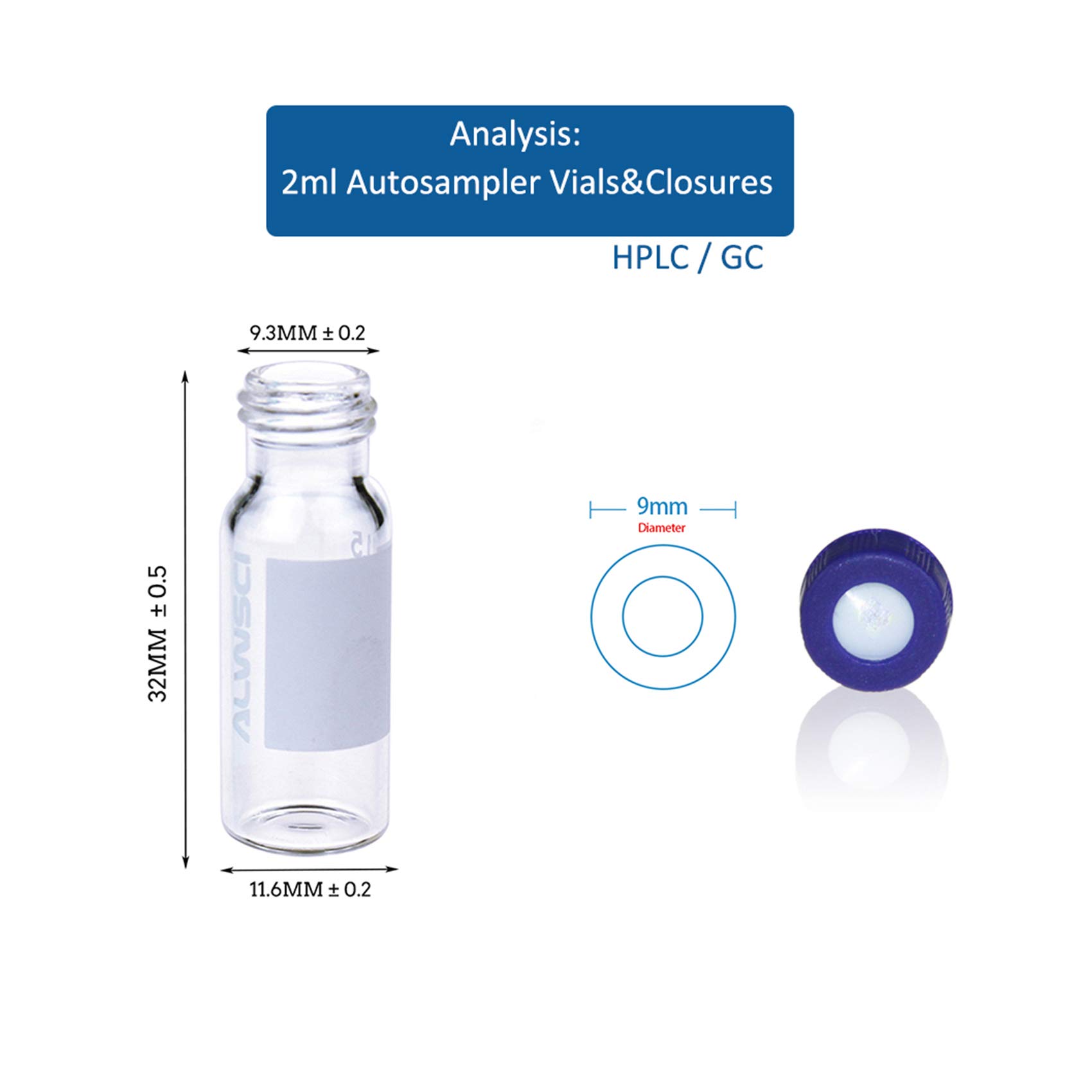 ALWSCI 2 ML 9 mm HPLC Vial，Clear Autosampler Vial, Borosilicate Sample Vial with Graduation, 9-425 Type Screw Threaded Vial, Blue Screw Cap with Hole, Red PTFE&White Silicone Septa, 100 of Pack