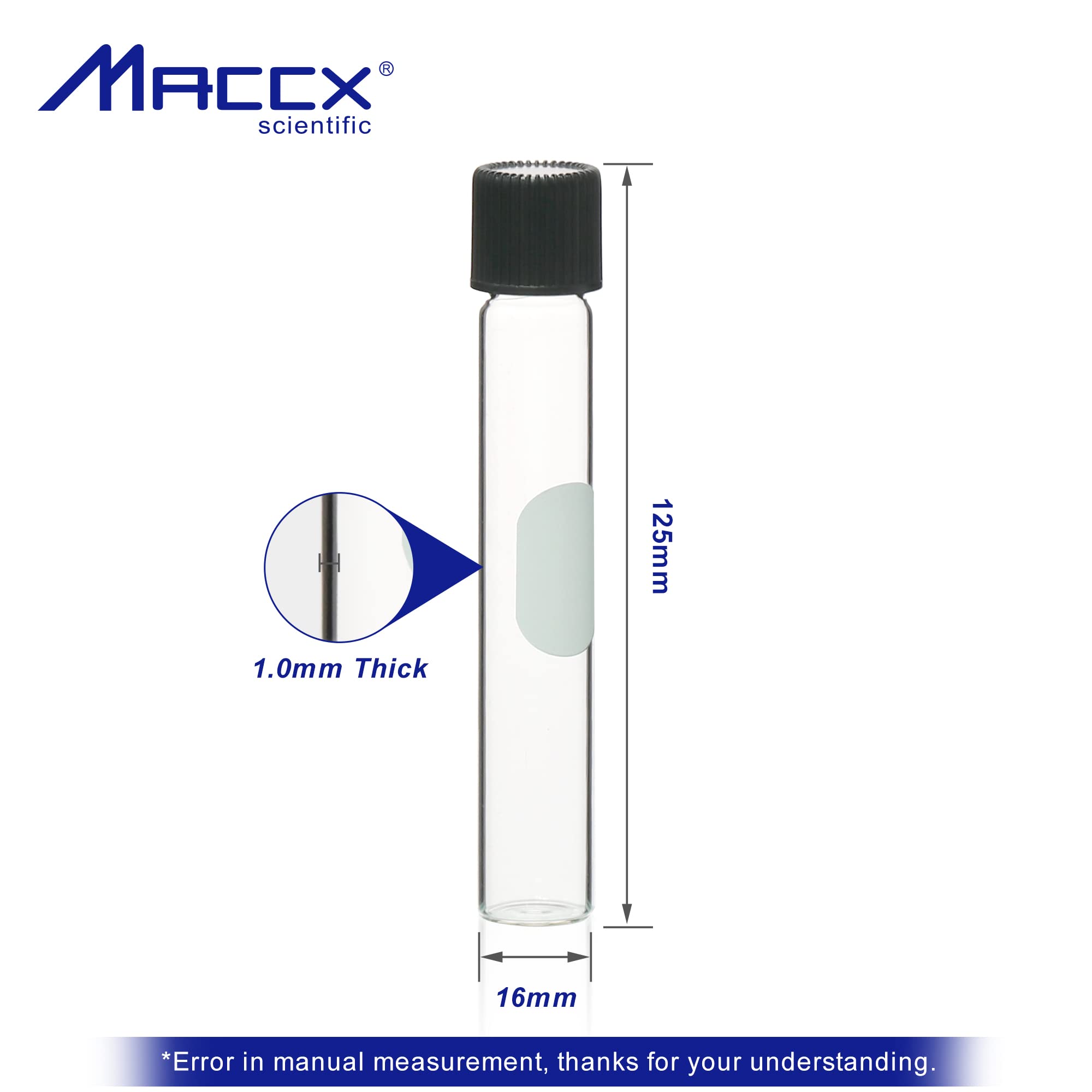 Maccx Glass Test Tubes with Bakelite Screw Cap, Vol.10ml/Dia.16x100mm, Pack of 40, 3.3 Borosilicate Glass, TTG010-040