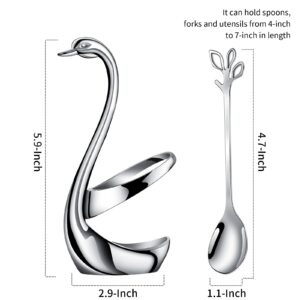 AnSaw Silver Swan Base Holder Set with 10 Pcs 4.7" Mini Leaf Teaspoons & Dessert Forks - Perfect for Appetizers,Salads,Cakes,Fruits,Cocktails,Tea,Espresso - Beautify Your Charcuterie Board Layout