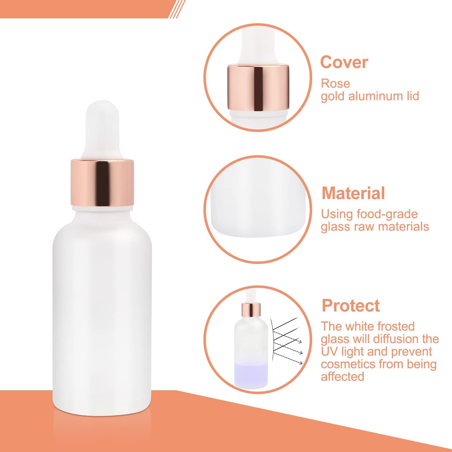 6 Pack,Frosted Glass Essential Oil Dropper Bottle,Empty Glass Liquid Container Holder With Glass Eye Dropper,Rose-Golden Caps Travel Perfume Cosmetic Container-Pipette&Funnel included (30ml/1 Ounce)