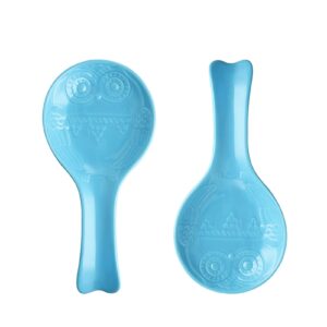 sweejar owl ceramic spoon rest set, large spoon holder for kitchen, drip catcher for ladle, spatula, tongs, cooking accessories, set of 2 (steel blue)