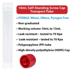 Globe Scientific Transport Tube, 10mL, Separate Red Screw Cap with Recess for Swab, STERILE, PP, Round Bottom, Self-Standing, Bulk Packed, 2 x 500 Tubes/Bag & 1 x 1000 Caps/Bag (1000 pcs)