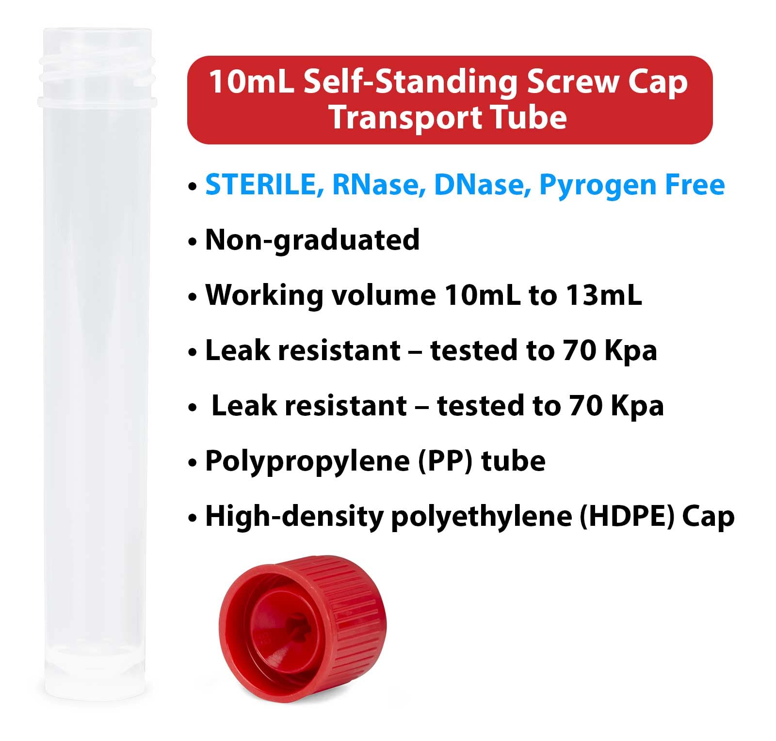 Globe Scientific Transport Tube, 10mL, Separate Red Screw Cap with Recess for Swab, STERILE, PP, Round Bottom, Self-Standing, Bulk Packed, 2 x 500 Tubes/Bag & 1 x 1000 Caps/Bag (1000 pcs)