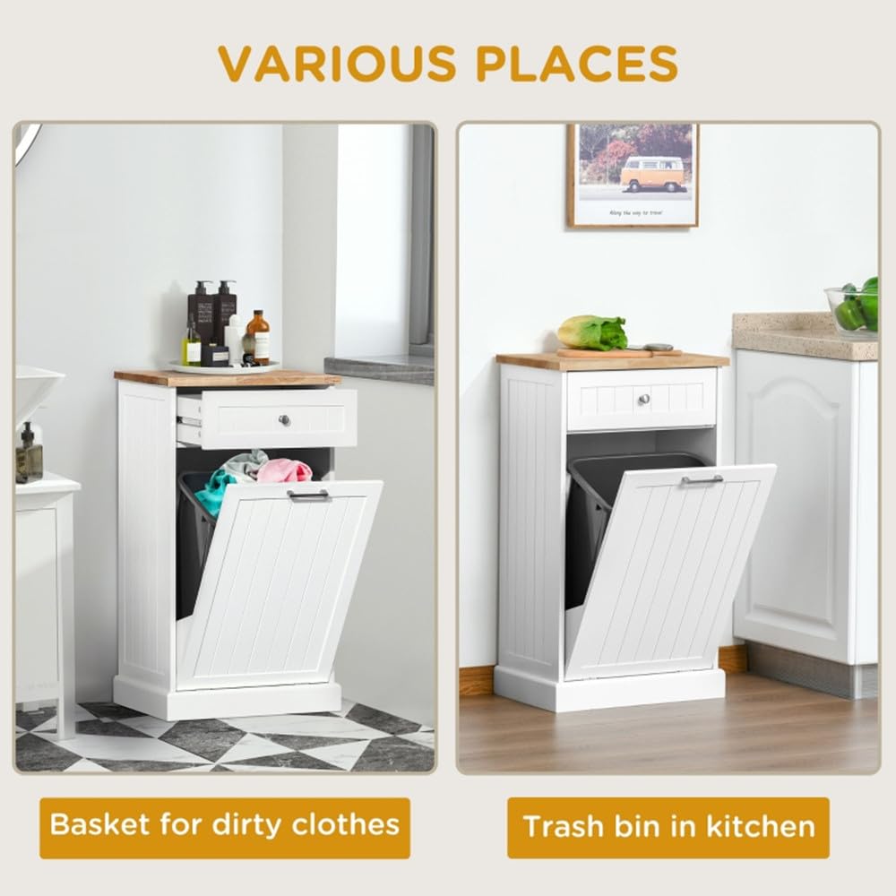 HomVent Wooden Pull Out Trash Can Cabinet, Tilt Out Free Standing Recycling Cabinet for Kitchen, Kitchen Hideaway Trash Can Cabinet with Drawer (White)