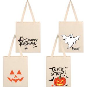 frienda 4 pieces halloween trick or treat bags 10.63'' reusable canvas bags cartoon halloween tote bag with pumpkin and ghost design for halloween party supplies, grocery shopping