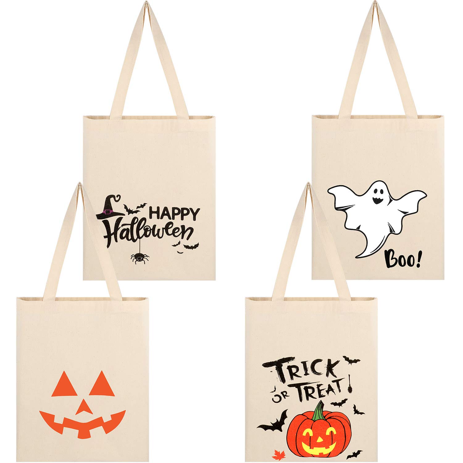 Frienda 4 Pieces Halloween Trick or Treat Bags 10.63'' Reusable Canvas Bags Cartoon Halloween Tote Bag with Pumpkin and Ghost Design for Halloween Party Supplies, Grocery Shopping