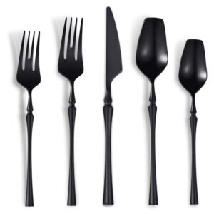 lemeya 20-piece matte black silverware set for 4,modern 18/10 stainless steel flatware set,unique rustic cutlery utensils set,spoon and fork set for home, restaurant,mirror polished,dishwasher safe