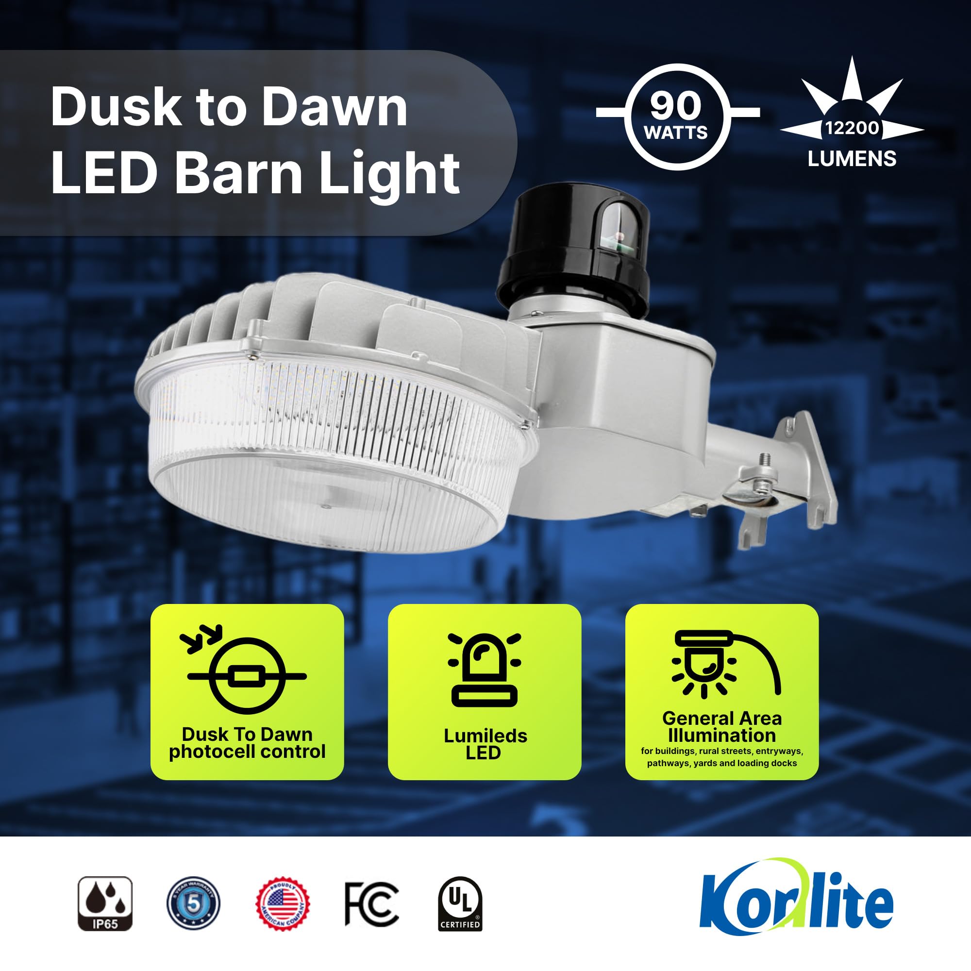 Konlite - 90W Dusk to Dawn LED Outdoor Light, Outdoor Commercial Roadway, Barn, Yard Lights & More, High-Output, Energy-Efficient Dusk Till Dawn LED Outdoor Lights, 11500LM, 5000K Daylight, UL