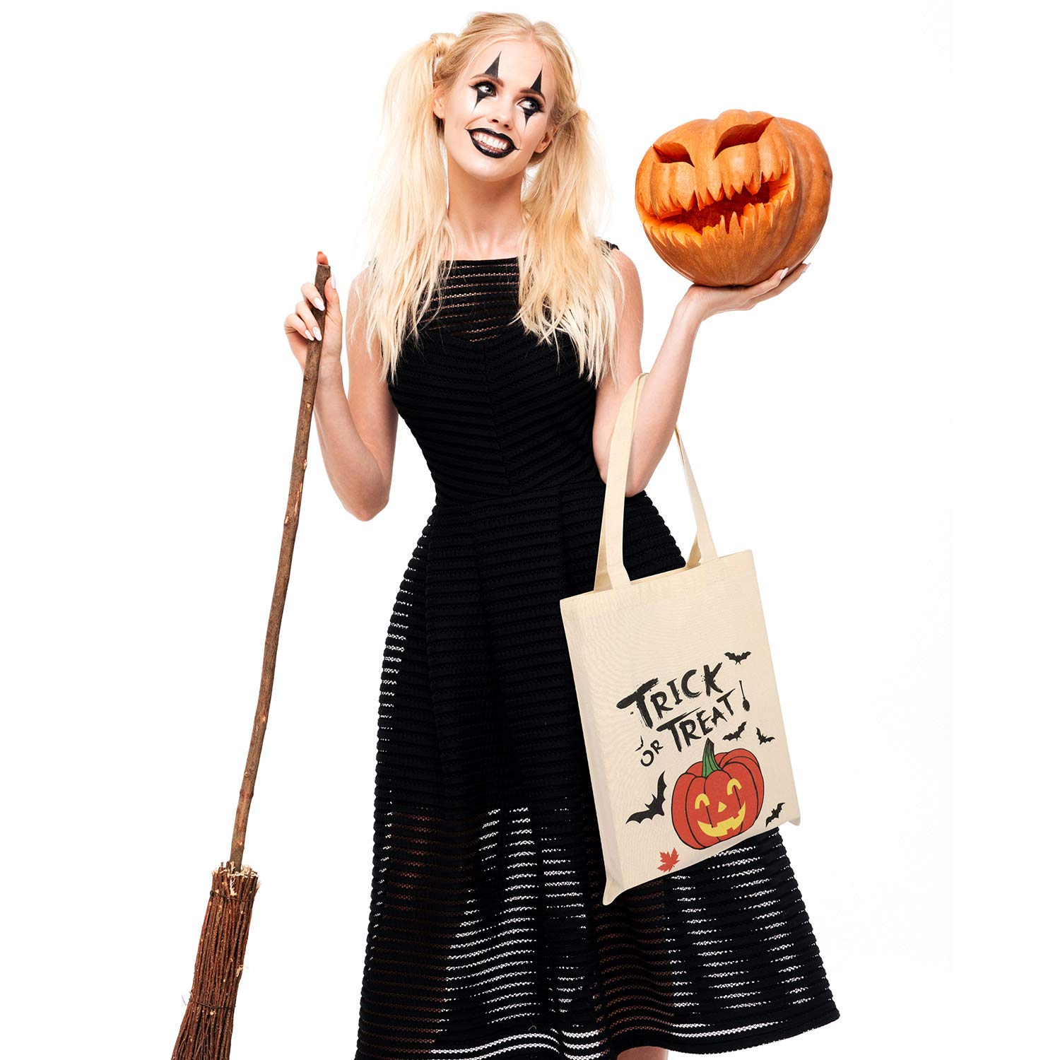 Frienda 4 Pieces Halloween Trick or Treat Bags 10.63'' Reusable Canvas Bags Cartoon Halloween Tote Bag with Pumpkin and Ghost Design for Halloween Party Supplies, Grocery Shopping