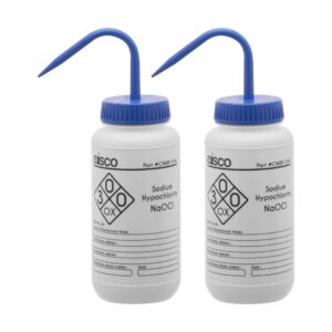 eisco 2pk wash bottles for sodium hypochlorite (bleach), 500ml - labeled with chemical information & safety information (1 color) - performance plastics labs