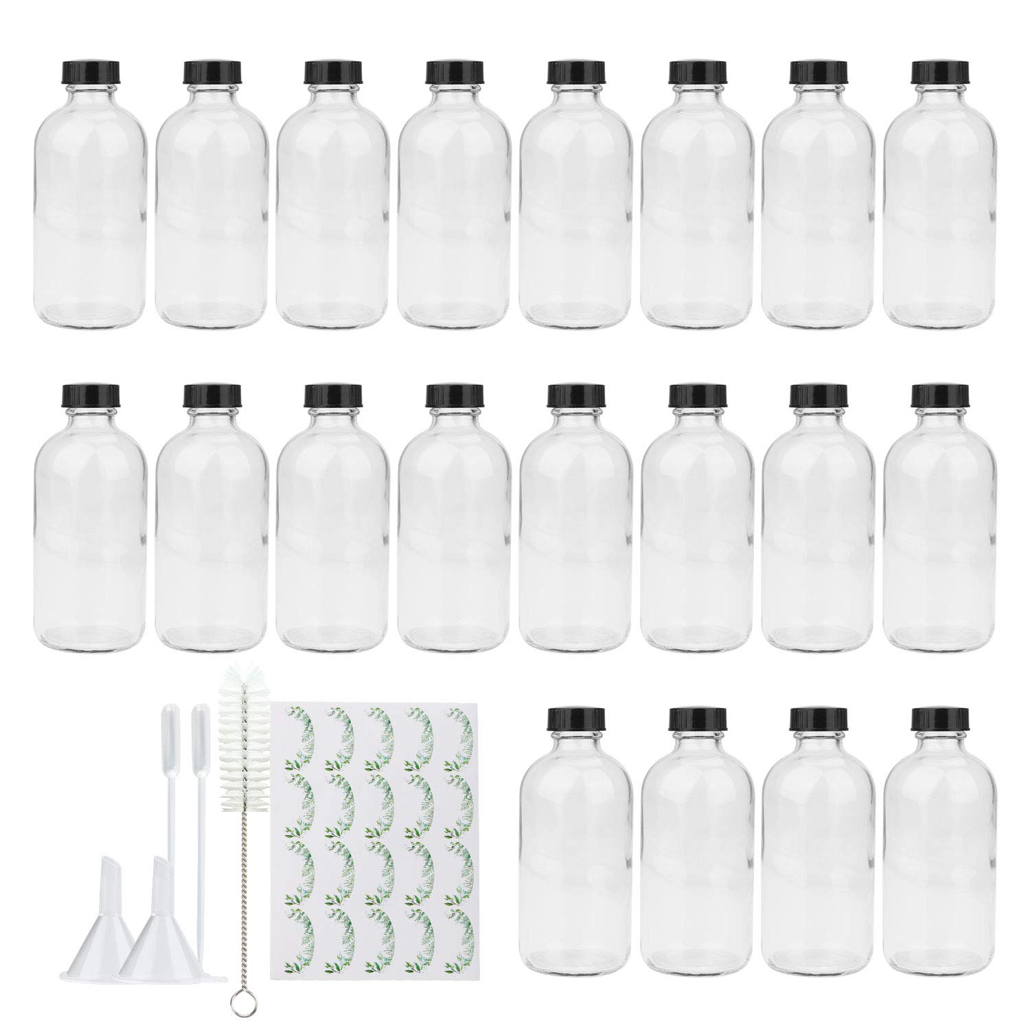 Maredash 8oz Clear Glass Bottles, 20 Pack Glass Storage Bottles with Black Lids (20 Labels, with Funnels, Droppers and Brush)