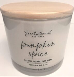 natural coconut wax blend scented candle pumpkin spice (in cursive) xl white jar with wooden lid, 26 oz.