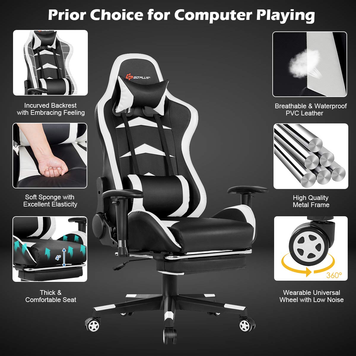 POWERSTONE Gaming Chair with Footrest Massage Video Game Chair High Back Computer Office Desk Chair Leather Recliner Rolling Swivel Chair White