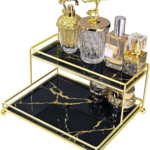 Z PLINRISE Makeup Organizer, 2-Tier Glass Vanity Tray for Perfume, Makeup and Toiletries, Wire Bathroom Cosmetic Shelf for Dresser, Countertop and More