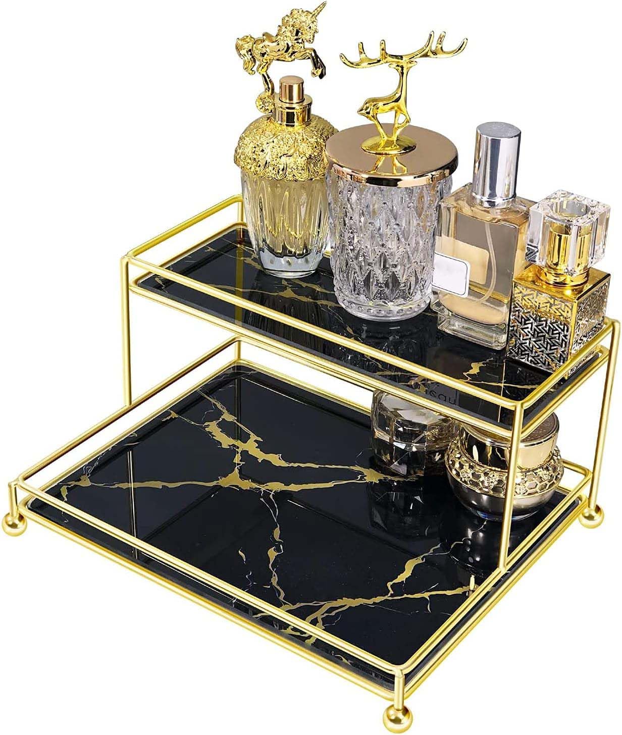 Z PLINRISE Makeup Organizer, 2-Tier Glass Vanity Tray for Perfume, Makeup and Toiletries, Wire Bathroom Cosmetic Shelf for Dresser, Countertop and More