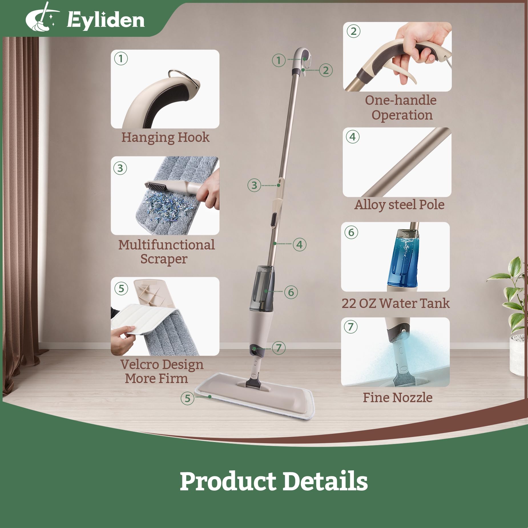 Eyliden Wet and Dry Spray Mop - 360° Rotating Head, 22 oz Refillable Bottle, 2 Washable Microfiber Pads, Ergonomic Handle - Floor Mop with Spray for Hardwood, Tile, and Laminate Floors