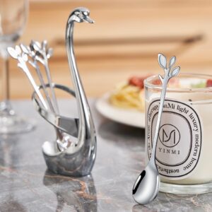 AnSaw Silver Swan Base Holder Set with 10 Pcs 4.7" Mini Leaf Teaspoons & Dessert Forks - Perfect for Appetizers,Salads,Cakes,Fruits,Cocktails,Tea,Espresso - Beautify Your Charcuterie Board Layout