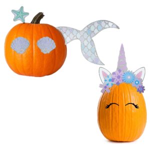 decorae halloween pumpkin kit sets (unicorn and mermaid theme), 13 reusable metal accessories for halloween fall pumpkin face decorating