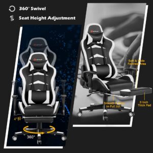 POWERSTONE Gaming Chair with Footrest Massage Video Game Chair High Back Computer Office Desk Chair Leather Recliner Rolling Swivel Chair White