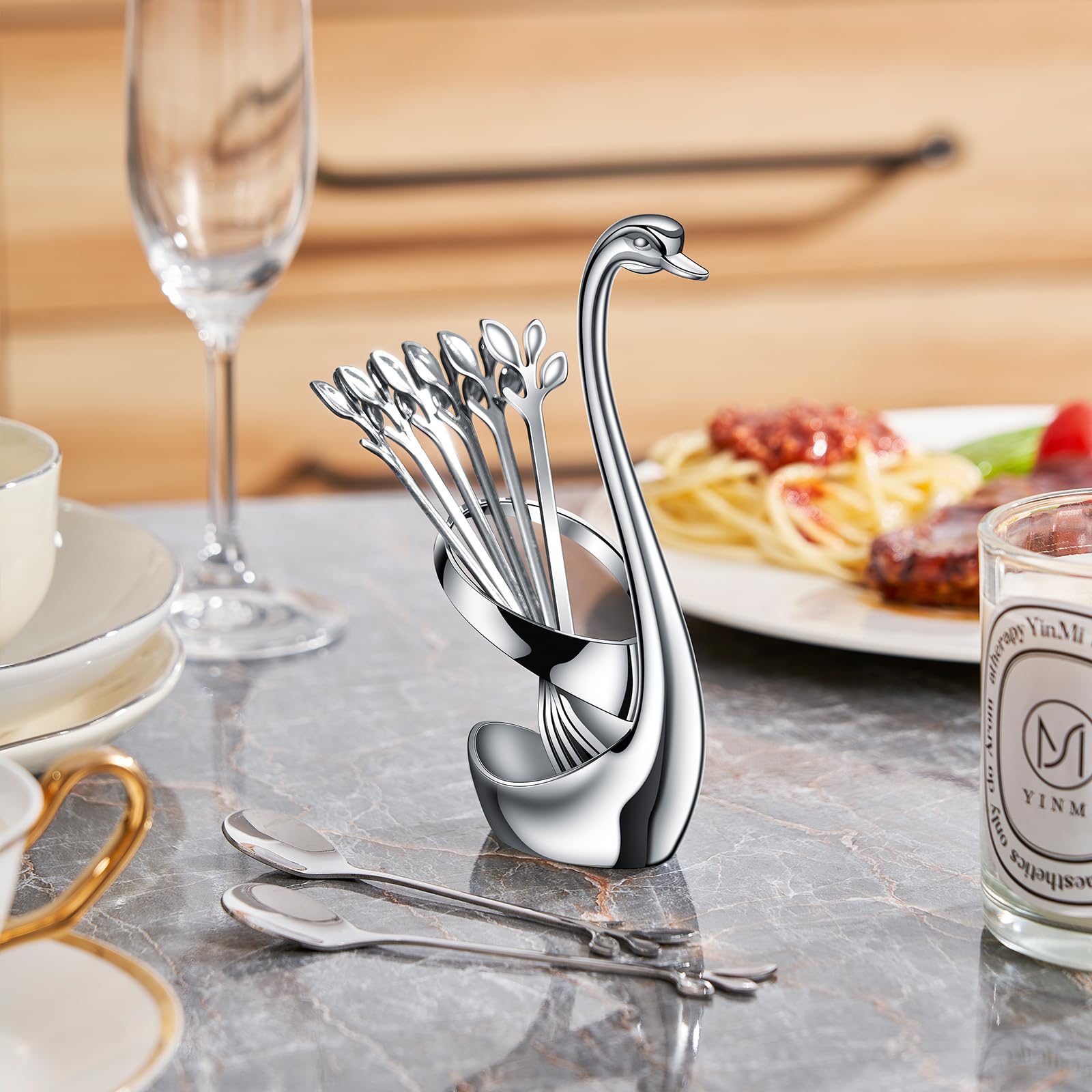 AnSaw Silver Swan Base Holder Set with 10 Pcs 4.7" Mini Leaf Teaspoons & Dessert Forks - Perfect for Appetizers,Salads,Cakes,Fruits,Cocktails,Tea,Espresso - Beautify Your Charcuterie Board Layout