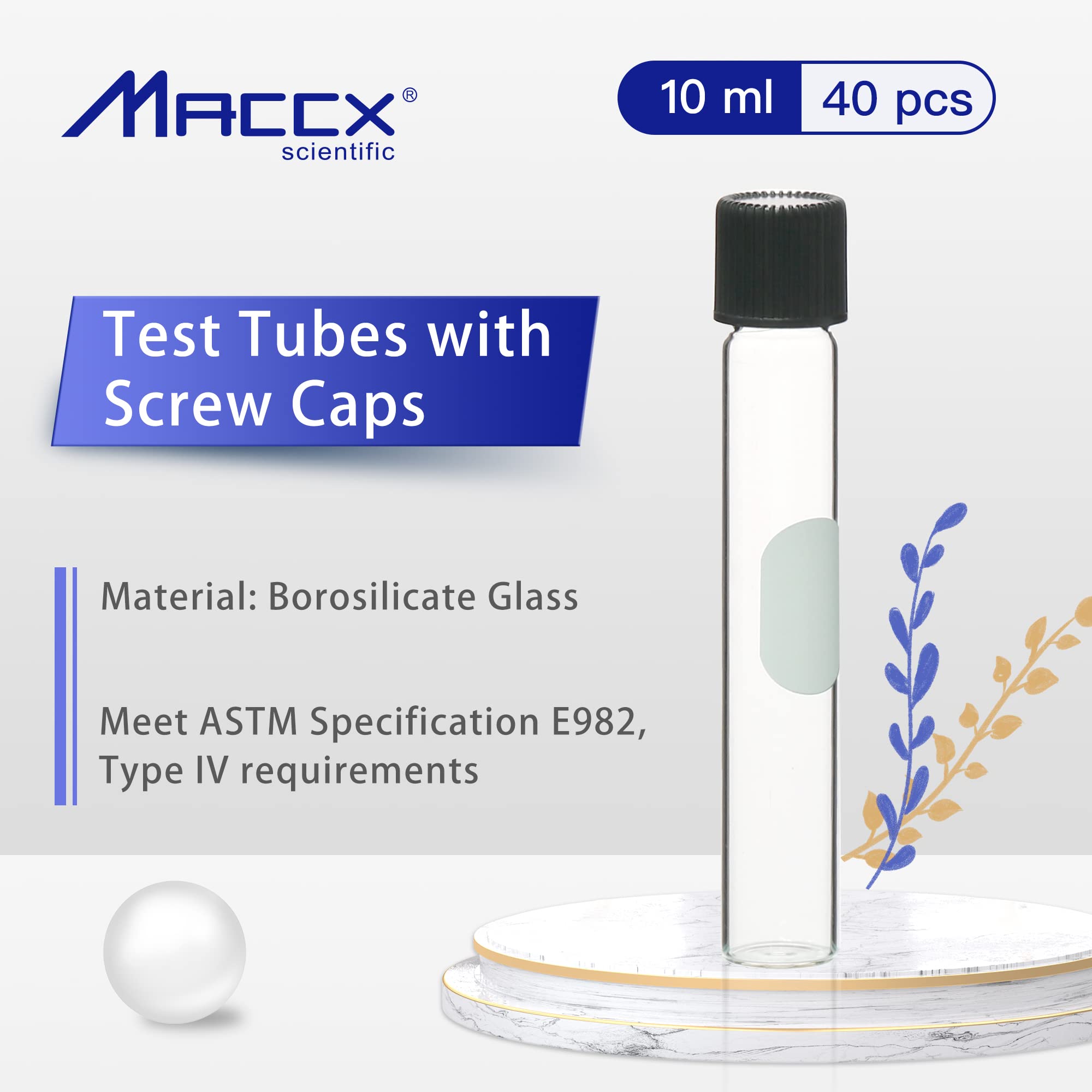 Maccx Glass Test Tubes with Bakelite Screw Cap, Vol.10ml/Dia.16x100mm, Pack of 40, 3.3 Borosilicate Glass, TTG010-040