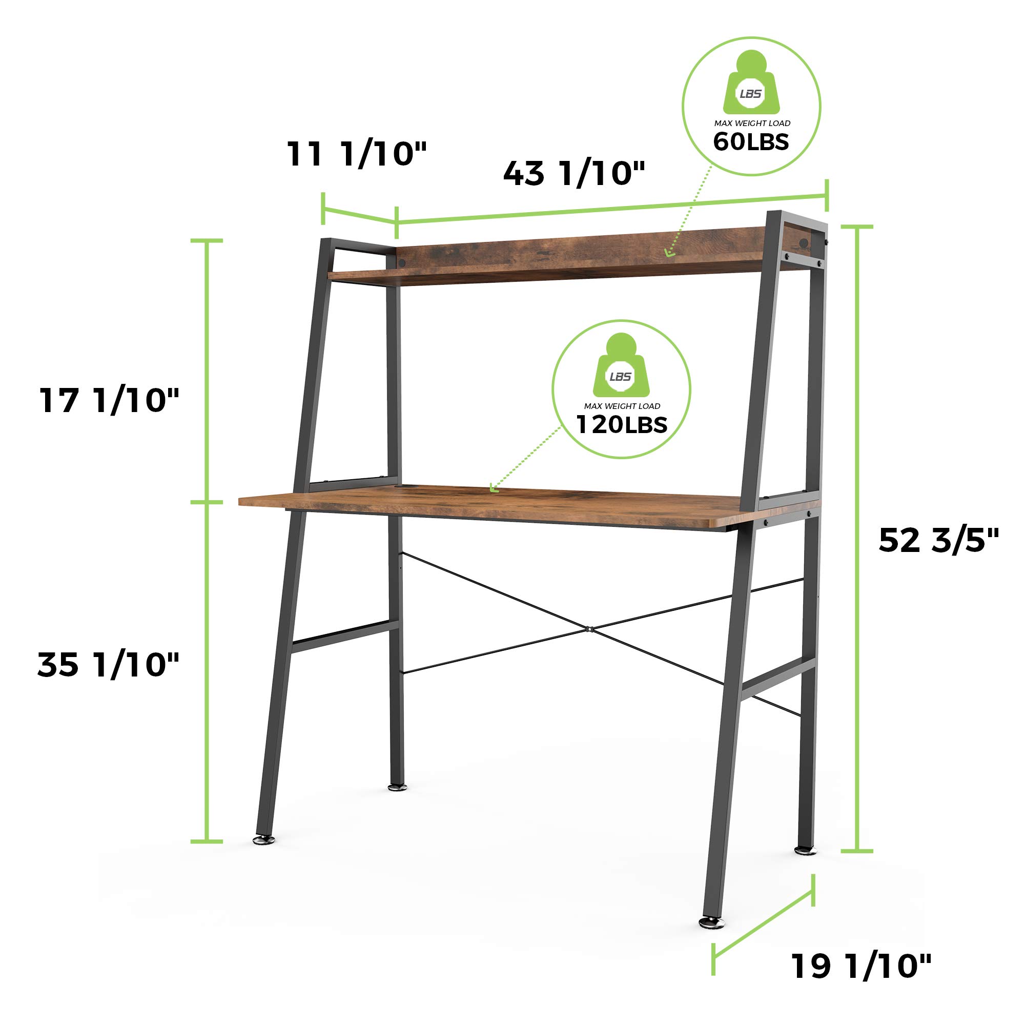 Eureka Ergonomic Computer Desk with Hutch, 43" Ladder Desk with Storage Shelves for Home Office PC Writing Table, Space Saving Rustic Brown