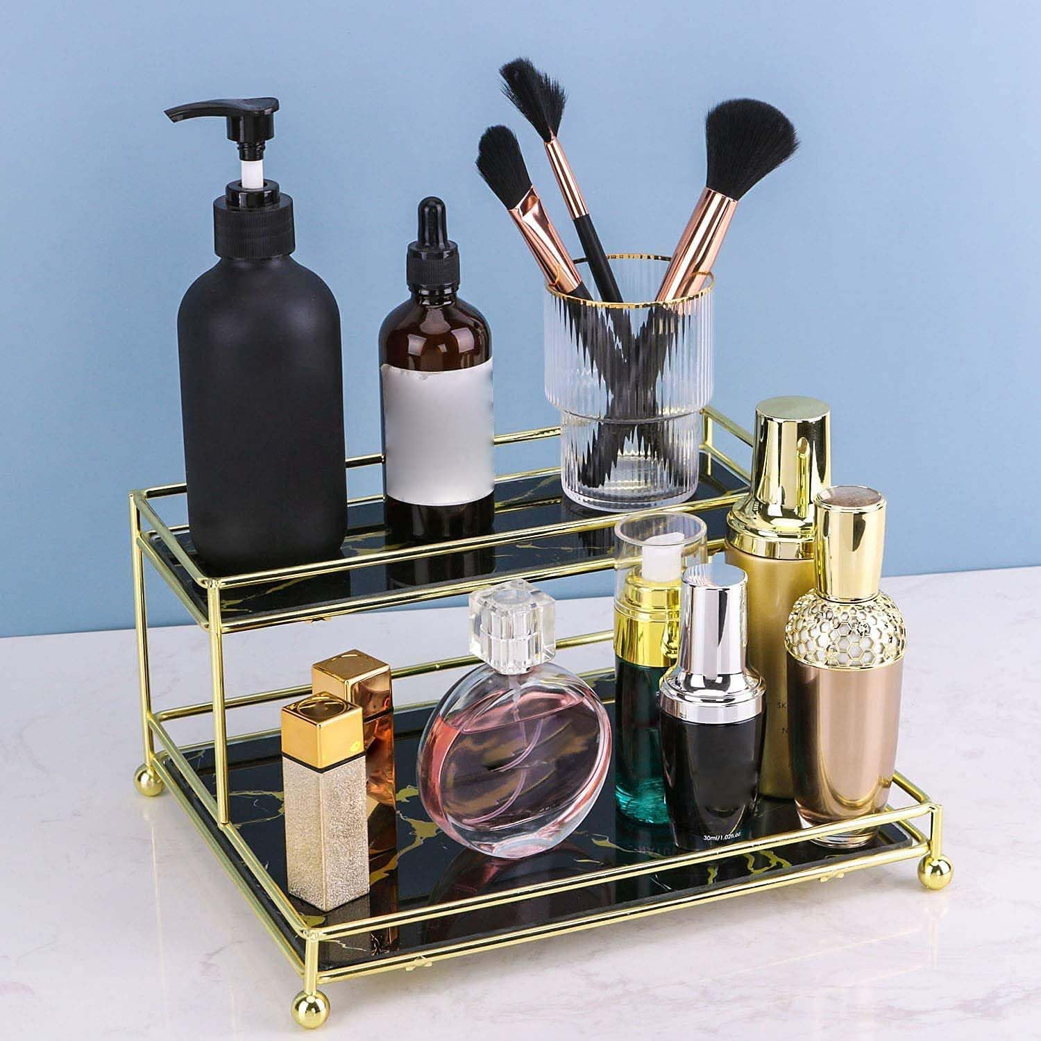 Z PLINRISE Makeup Organizer, 2-Tier Glass Vanity Tray for Perfume, Makeup and Toiletries, Wire Bathroom Cosmetic Shelf for Dresser, Countertop and More