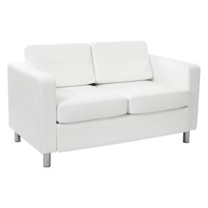 office star pacific loveseat with padded box spring seats and silver finish legs, dillon snow faux leather