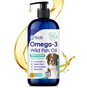 liquid fish oil for dogs with omega 3, 6 & 9 fatty acids, wild caught from iceland, skin and coat supplement for shedding, itchy skin, allergies, brain and heart health, rich in epa + dha - 12 oz