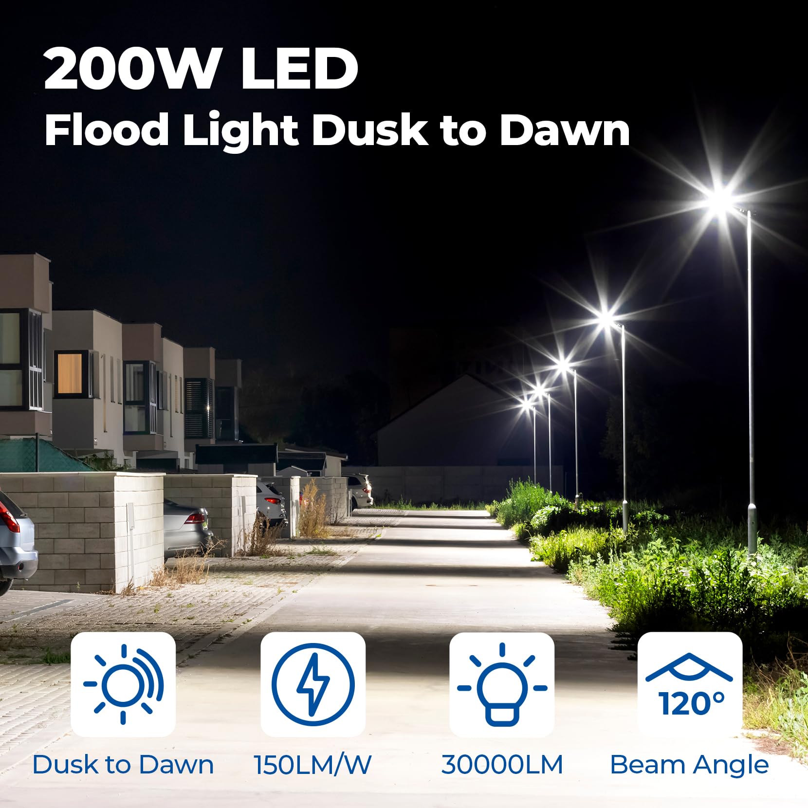 CINOTON 200W Outdoor LED Flood Light, 30000LM Parking Lot Lighting Dusk to Dawn, Adjustable Power IP65 Waterproof Security Wall Fixture with Slipfitter for Street 5000K Daylight ETL Listed 1 Pack