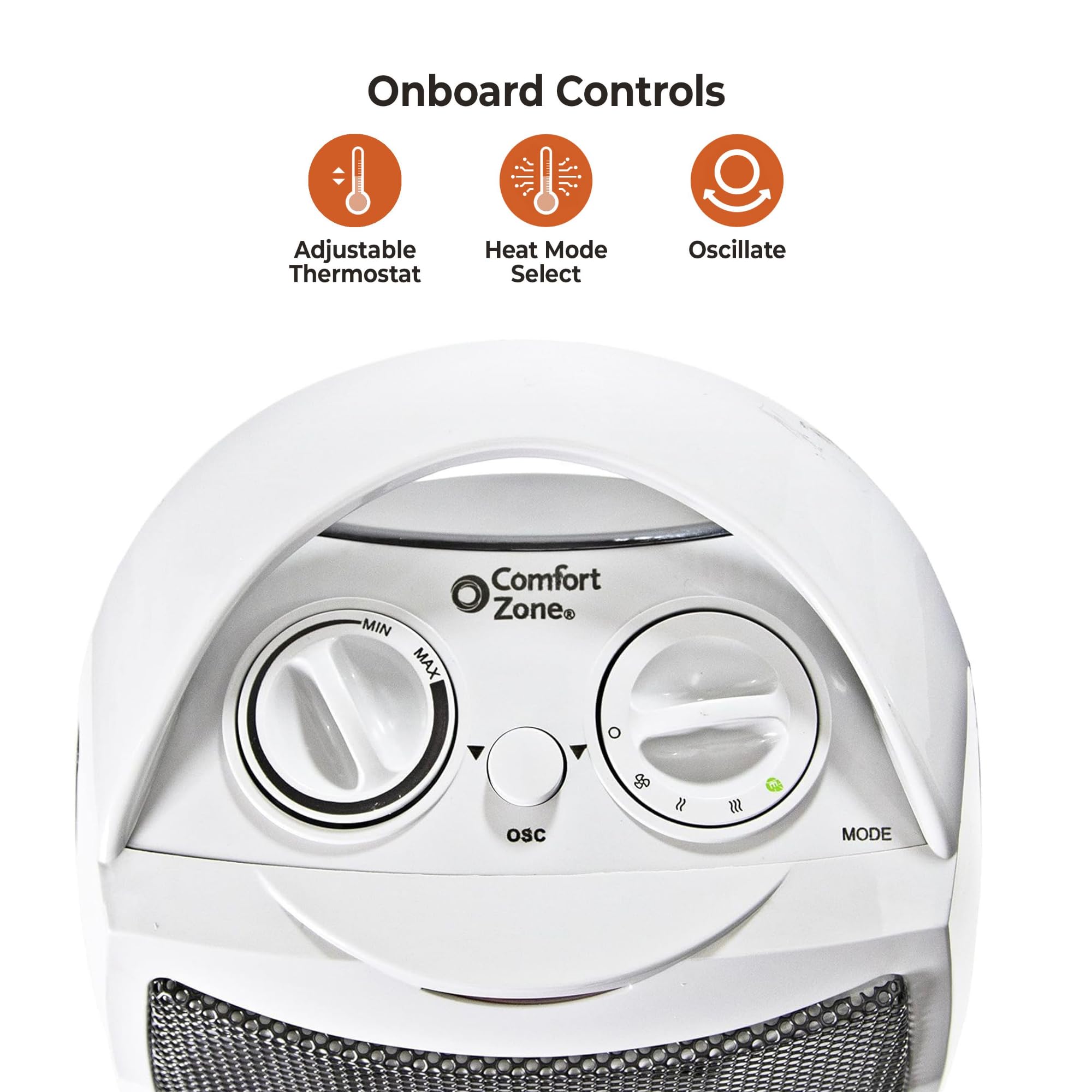 Comfort Zone Oscillating Indoor Space Heater, Portable, Ceramic, Electric, Energy-Efficient, Adjustable Thermostat, Tip-Over Switch, Overheat Protection, Ideal for Home, Bedroom, Office, 1500W, CZ449E