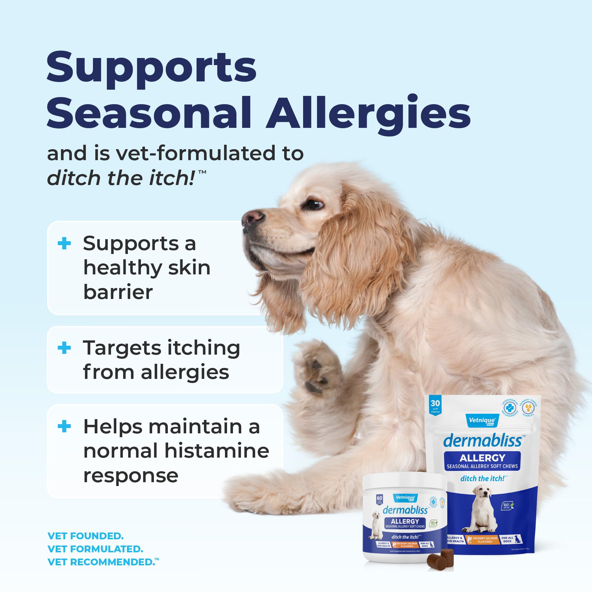 Vetnique Dermabliss Dog Allergy Relief & Immune Support Supplement Allergy Chews for Dogs Itching and Licking with Omega 3 Fish Oil & Probiotics for Itch Relief - Vet Recommended (30ct Chews)