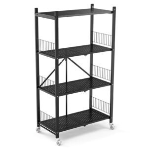 glandu 4-shelf collapsible/foldable heavy duty shelving unit, steel organizer wire rack with wheels, rolling cart, home kitchen laundry closet storage(4-tier)