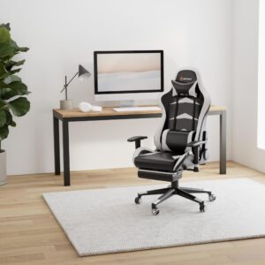 POWERSTONE Gaming Chair with Footrest Massage Video Game Chair High Back Computer Office Desk Chair Leather Recliner Rolling Swivel Chair White